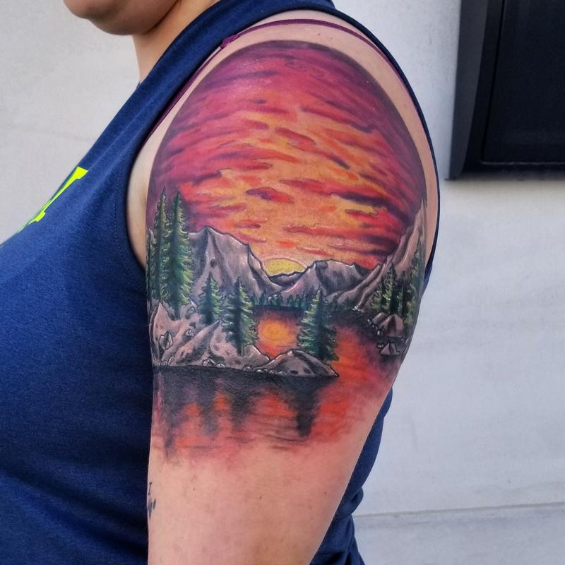 Color Trees Sunset Mountain Range Shoulder Tattoo By Cody Cook TattooNOW Color Trees Sunset Mountain Range Shoulder Tattoo By Cody Cook TattooNOW